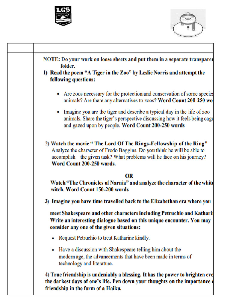 Grade VII Winter Homework Tasks | PDF