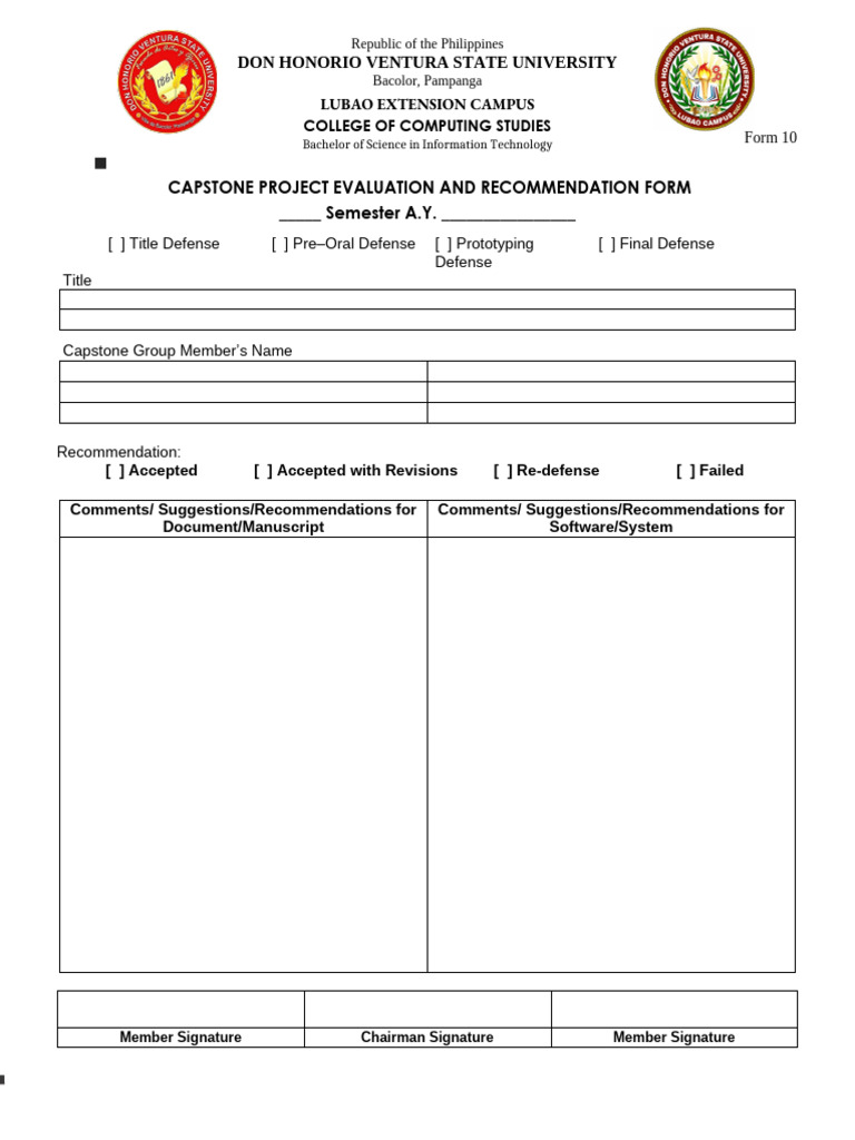 Form 10 - Capstone Project Evaluation and Recommendation Form | PDF