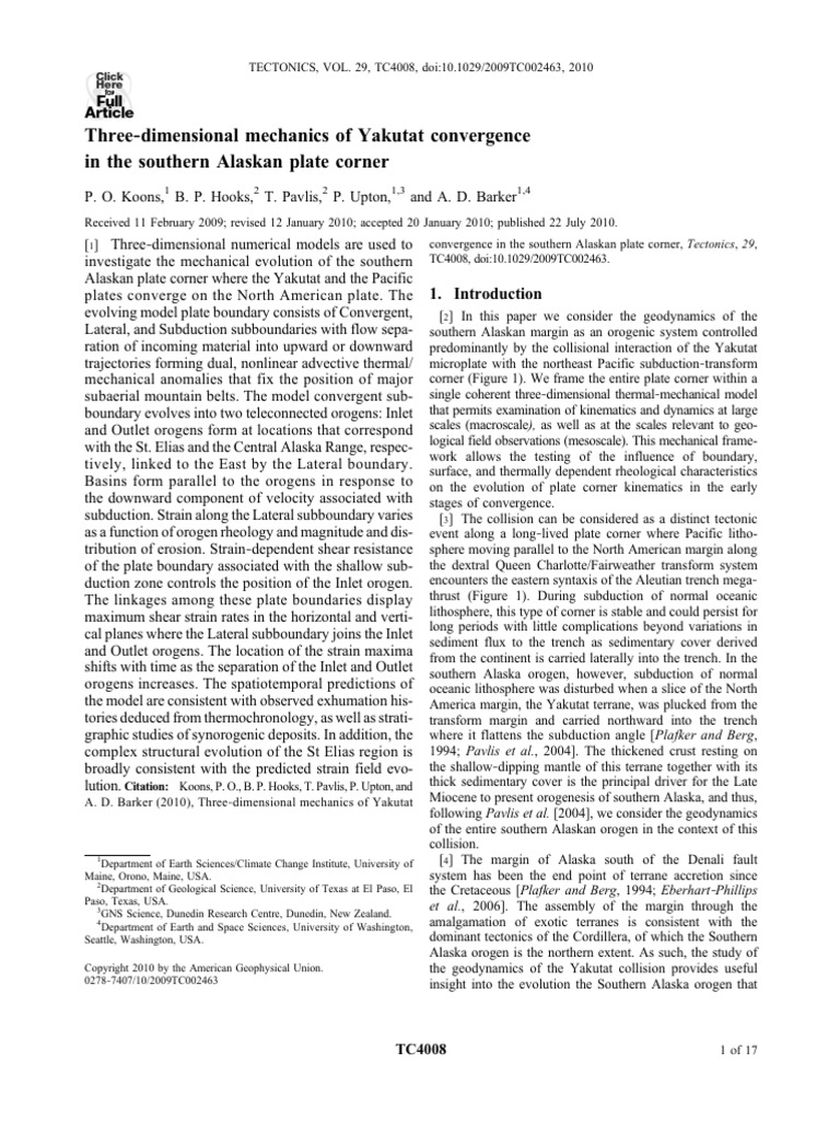 Tectonics - 2010 - Koons - Three Dimensional Mechanics of Yakutat Convergence in The Southern ...