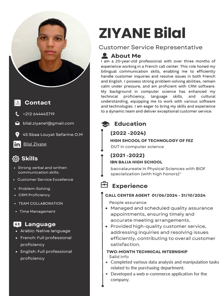 CV Bilal Ziyane | PDF | Call Centre | Customer Relationship Management