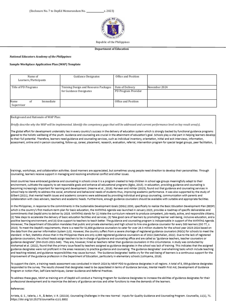Sample Workplace Application Plan Template | PDF | School Counselor ...