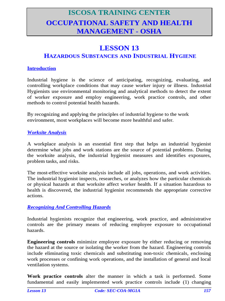 Lesson 13 | PDF | Occupational Hygiene | Workplace