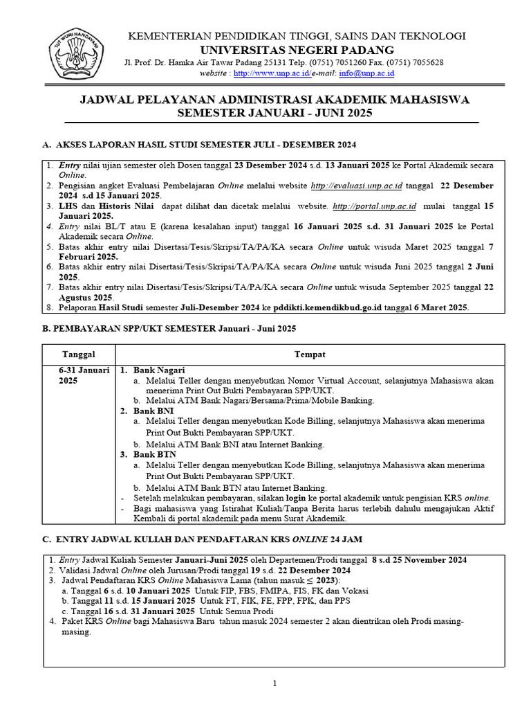 Jadwal Pelayanan Akademik Semester Januari-Juni 2025 | PDF