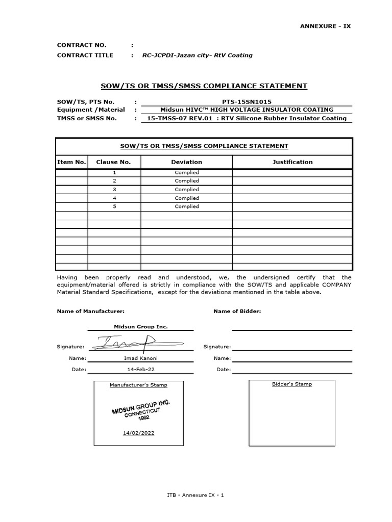 15-TMSS-07 REV 01 COMPLAINCE RC-JCPDI-Jazan City - RTV Coating | PDF
