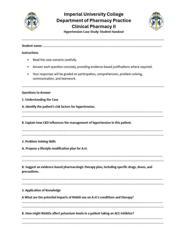Hypertension Case Study Student Handout | PDF | Causes Of Death ...
