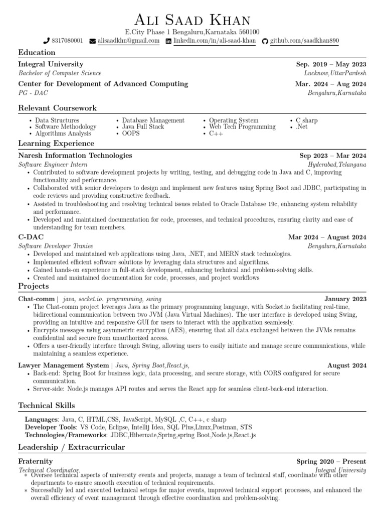 Resume_Ali_Saad_Khan | PDF | Java (Programming Language) | Computer Programming