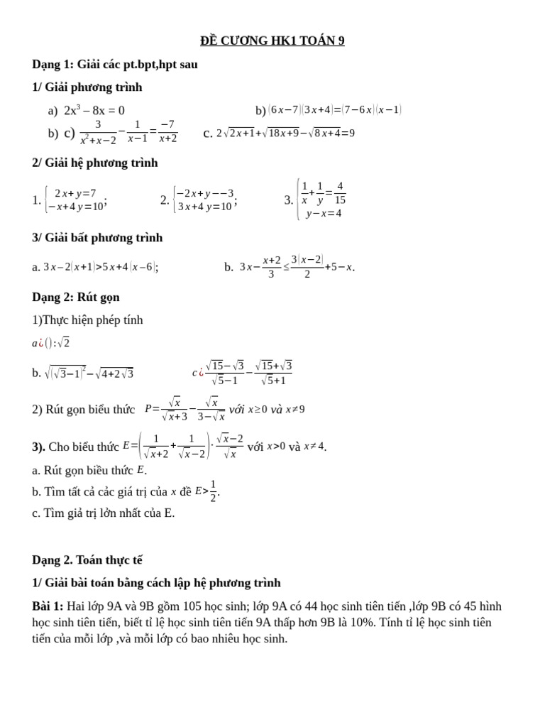 ĐỀ CƯƠNG HK1 TOÁN 9 | PDF