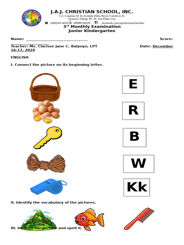 PRE-ELEM - 3rd MONTHLY EXAM | PDF