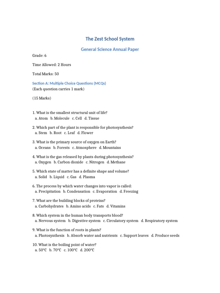 Grade 6 Science Exam Paper | PDF