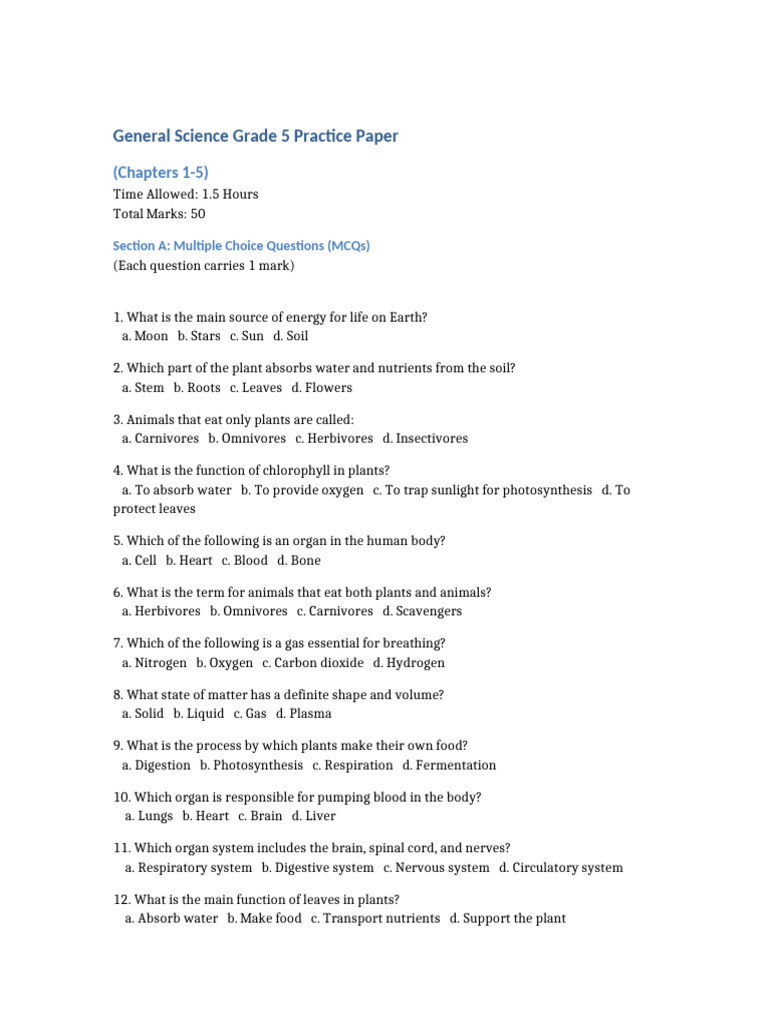 Grade 5 Science Paper | PDF | Plants | Water