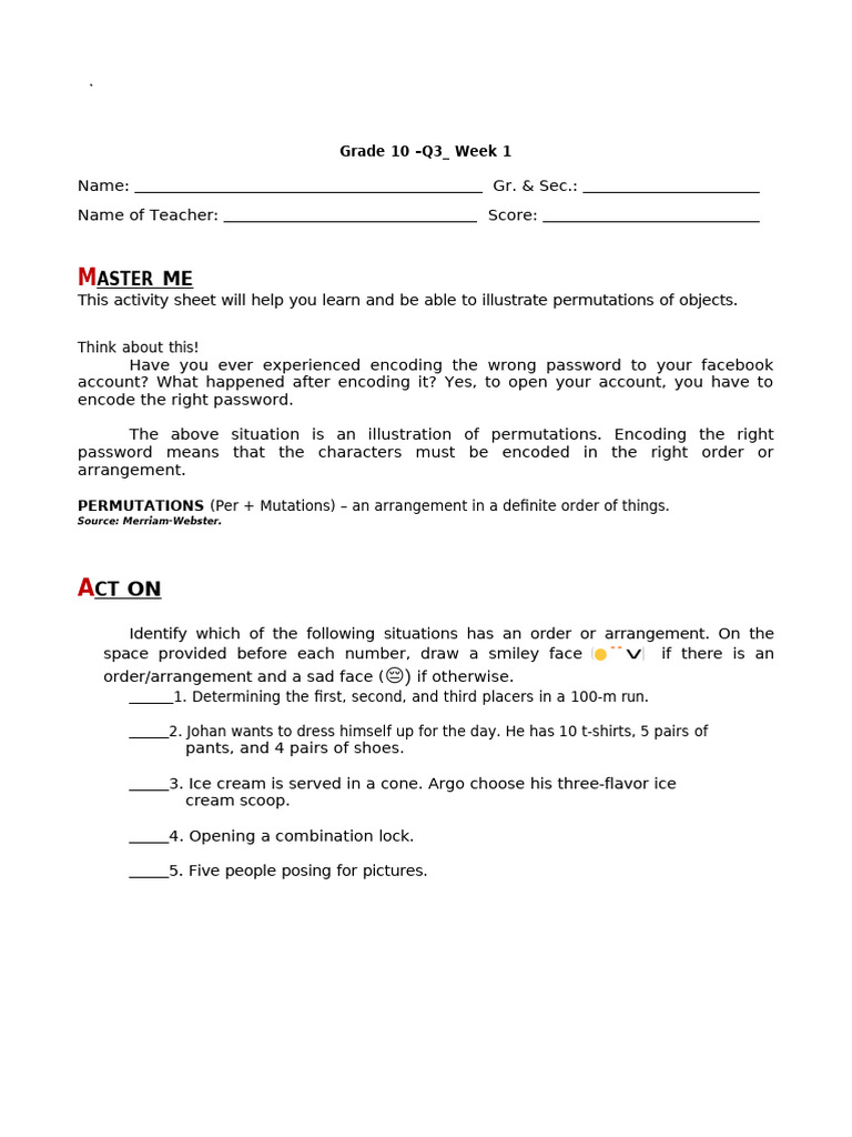 Answer Sheet Math 10 q3 w1 | PDF