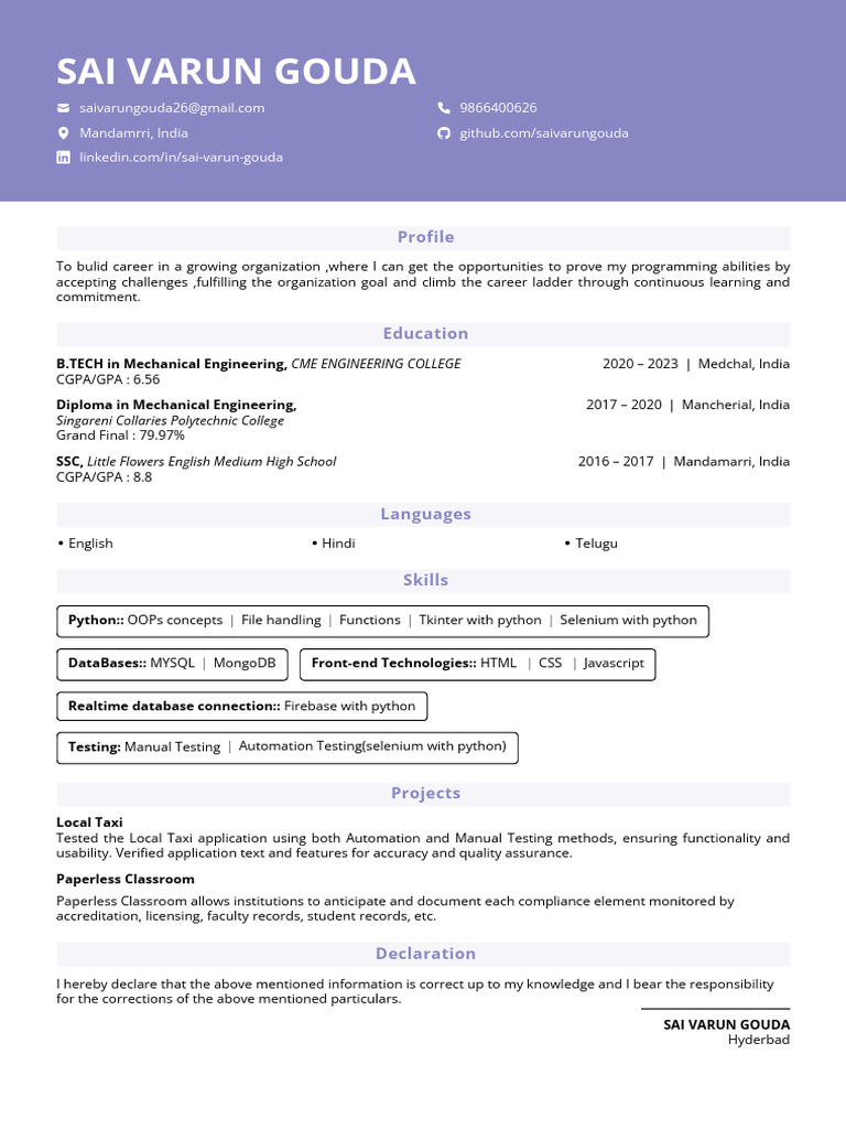 Sai Varun Resume | PDF