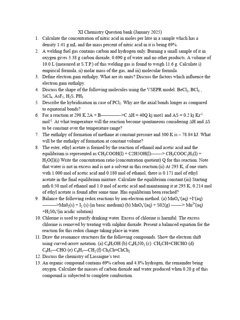 XI Chemistry Question Bank 2025 | PDF | Chemical Reactions | Acetic Acid