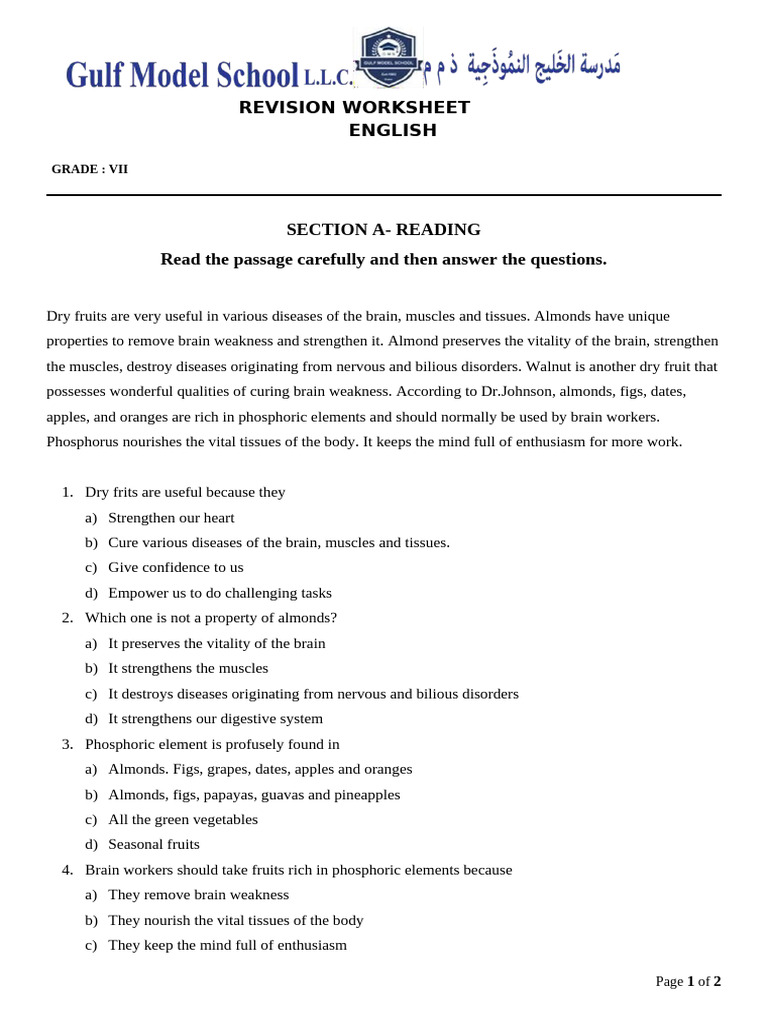 Revision Worksheet Grade 7 | PDF | Dried Fruit