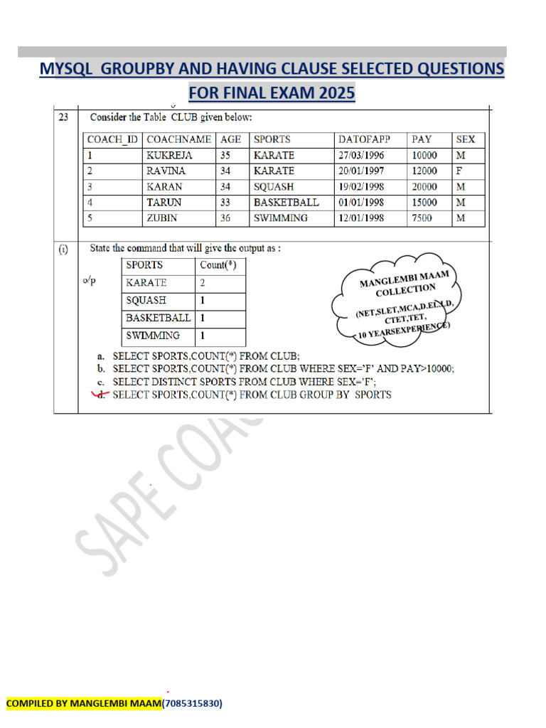 MySQL Group By & Having Exam Questions | PDF