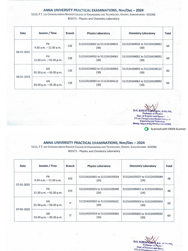 Anna Univ PHY&CHE Lab Schedule | PDF