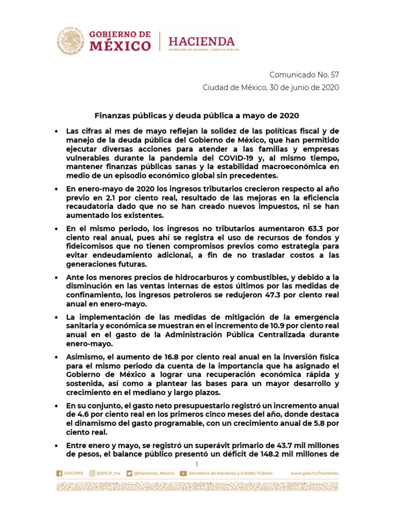 Comunicado de Finanzas Pu Blicas A Mayo 2020 | PDF | Balance presupuestario del gobierno | Deuda