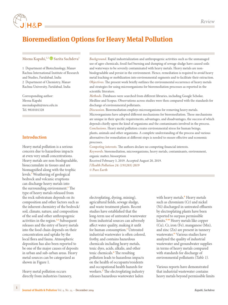 9.Bioremediation Options for Heavy Metal Pollution, Journal Health Pollution 24 (191203) 2019 ...