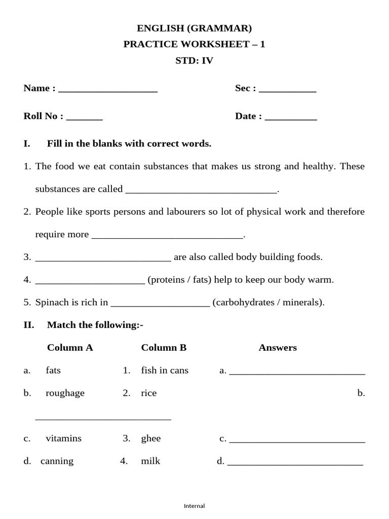 STD - IV - Science Worksheet - 1 | PDF | Foods | Vitamin