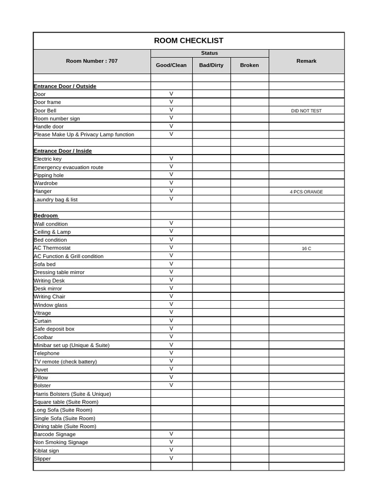 MOD - Room Checklist 13 Oct 2024 | PDF | Room | Bathroom