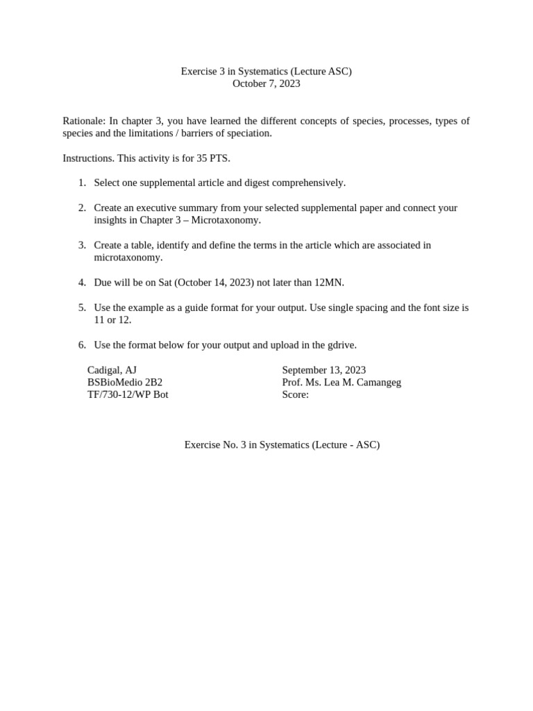 Systematics Exercises | PDF