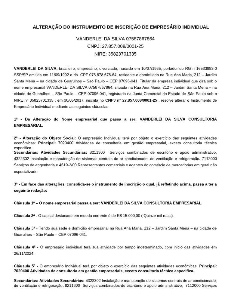 Contrato Social Vanderlei - Original | PDF | São Paulo | Economias
