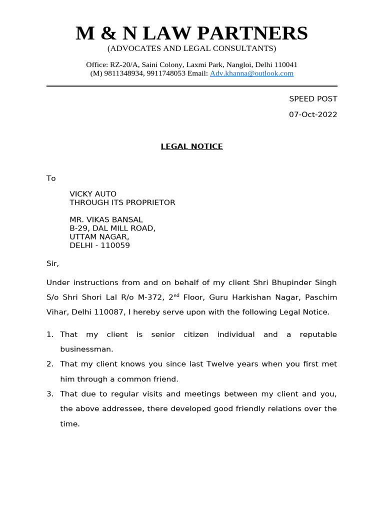 Legal Notice To Vicky Auto (Vikas Bansal) | PDF | Cheque | Loans