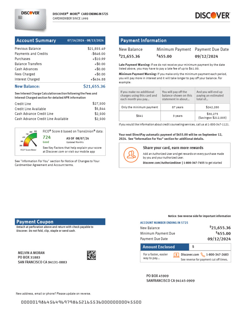 Discover Statement 20240813 5725 | PDF | Credit Card | Fee