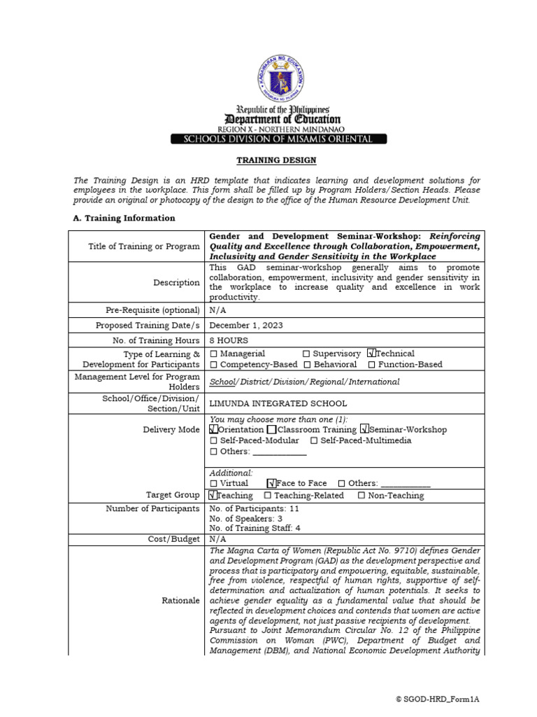 HRD Form 1A Training Design | PDF | Gender And Development | Empowerment