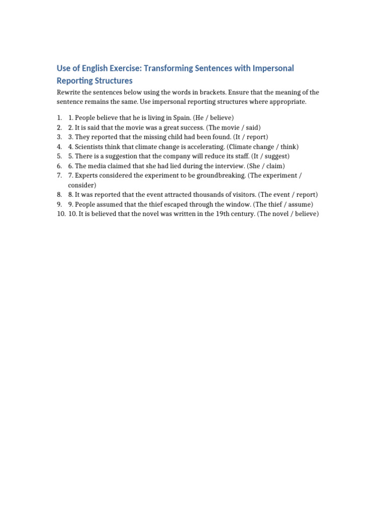 Transforming Sentences Exercise | PDF