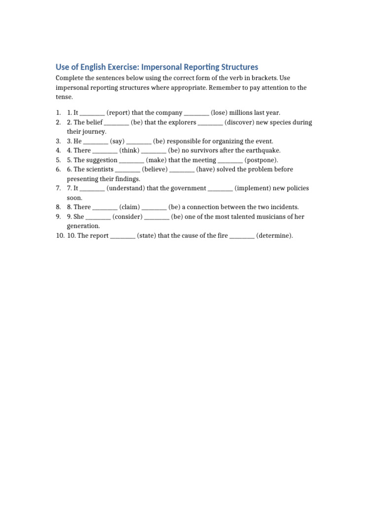Impersonal Reporting Structures Exercise | PDF