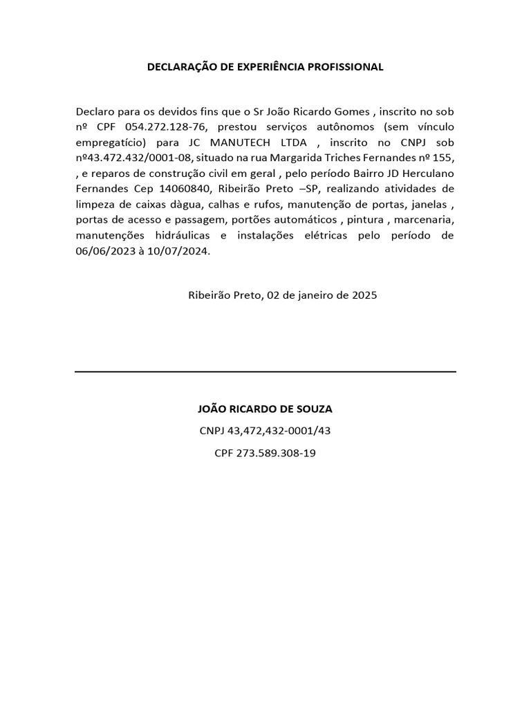 Declaração de Experiência Profissional | PDF