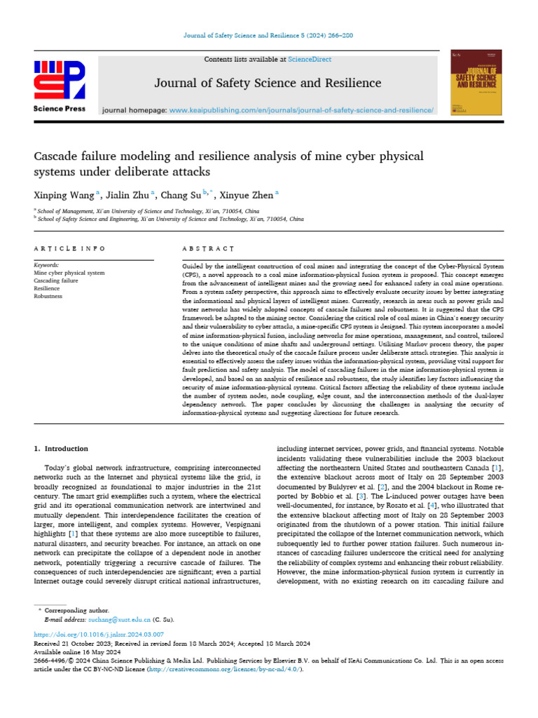 Cascade Failure Modeling and Resilience Analysis of - 2024 - Journal of Safety S | PDF ...