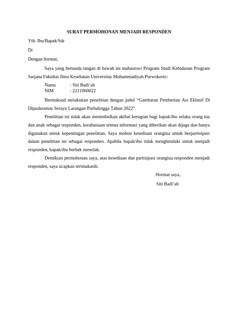 Surat Permohonan Menjadi Responden | PDF
