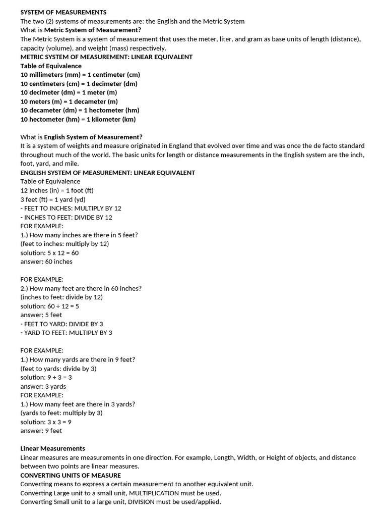 English vs. Metric Measurement Systems | PDF