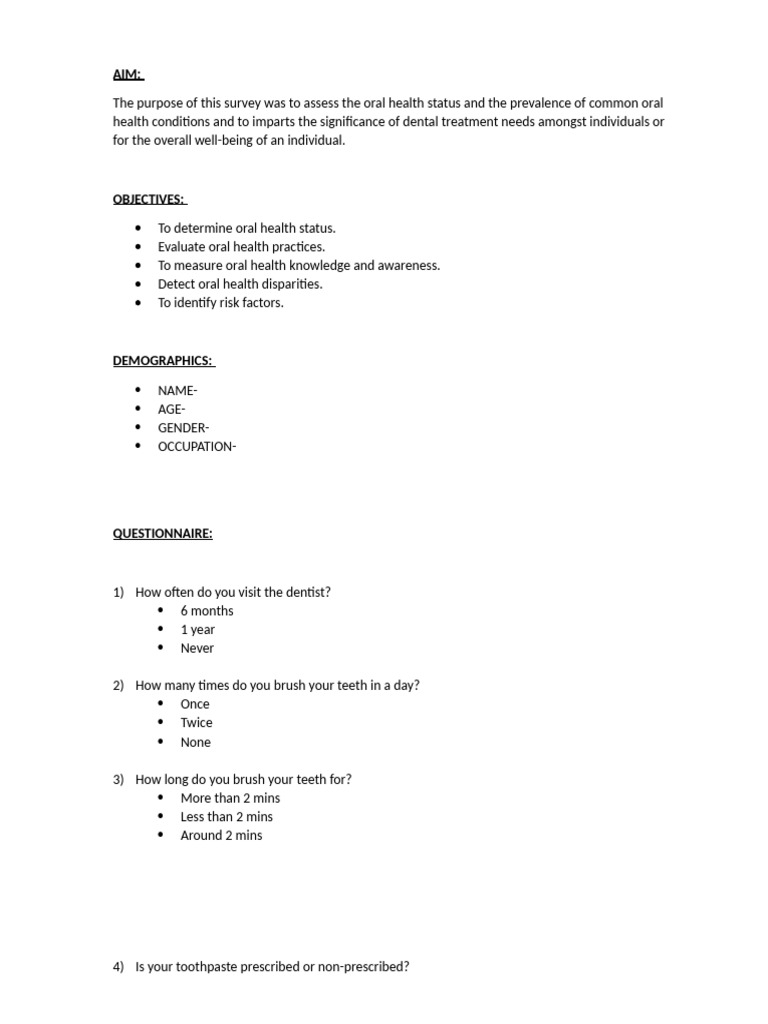 Dental Health Survey Questionnaire | PDF | Toothbrush | Dentistry
