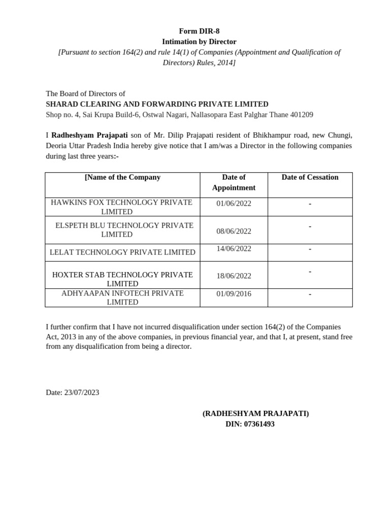 Director Intimation Form DIR-8 | PDF