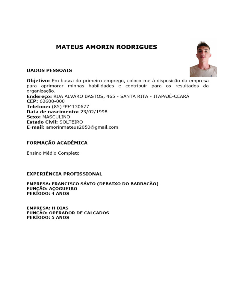 Curriculum Vitae Mateus Amorin Rodrigues | PDF