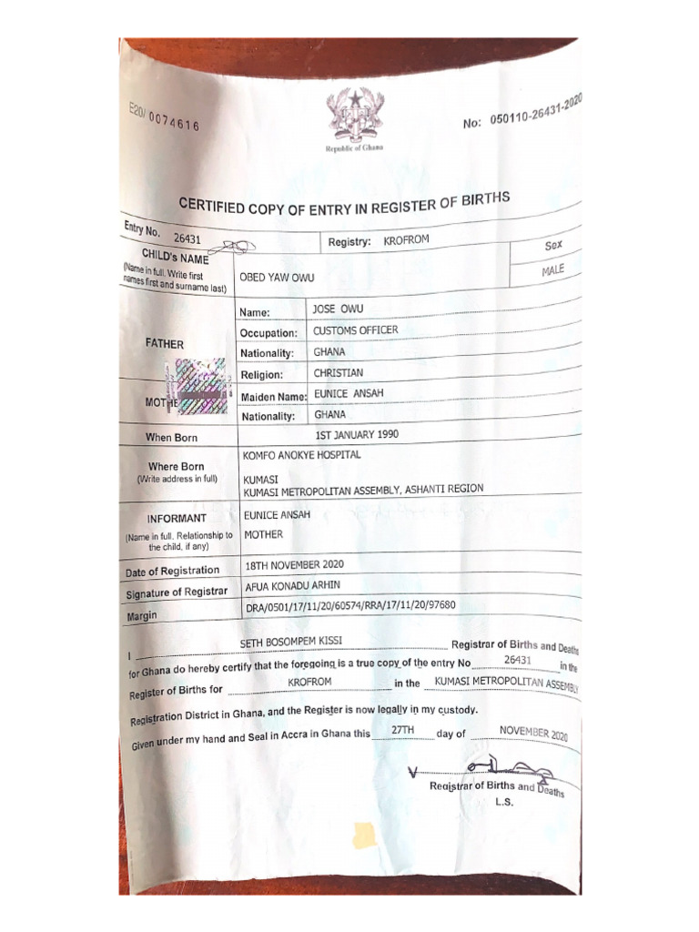 Certified Copy of Entry in Register of Births | PDF