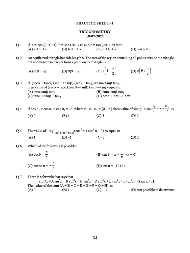 Practice Sheet - 1 (Trigonometry) JPHS - Q - 240719 - 191416 | PDF ...