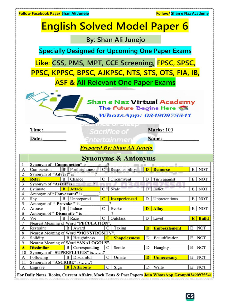 6th English Solved Model Paper For CCE & All One Paper Exams by Shan ...