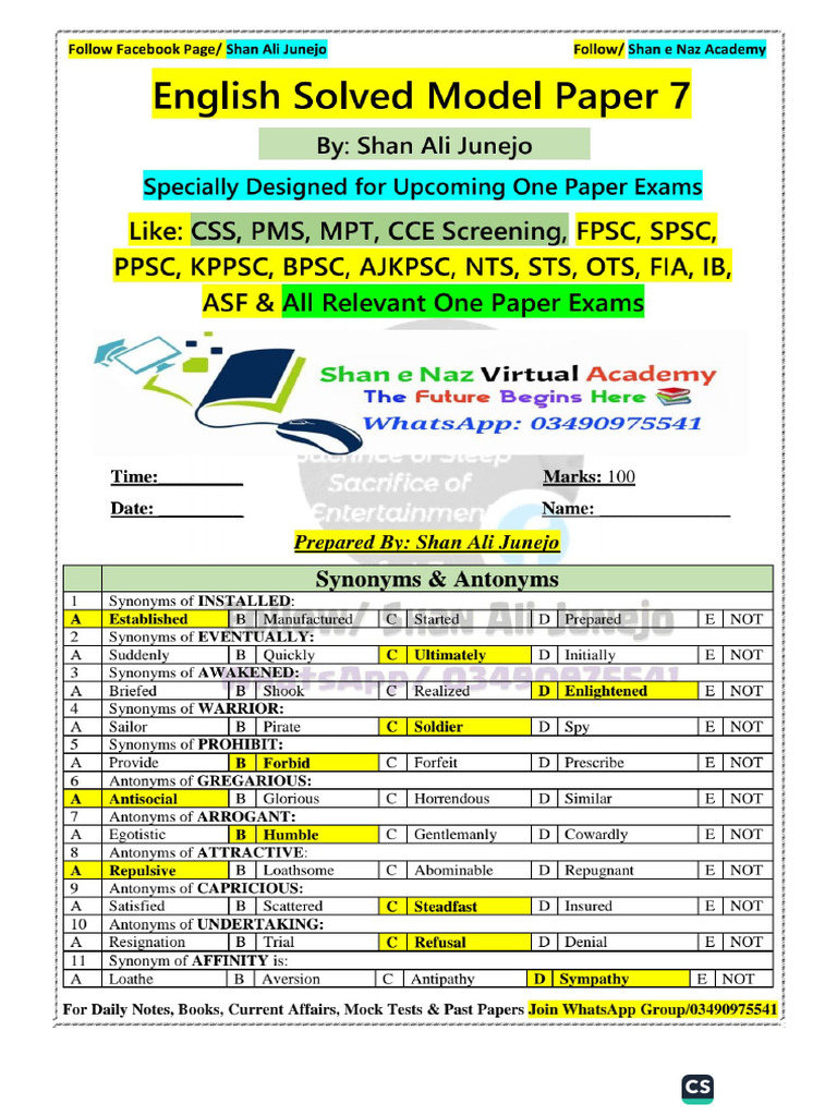 7th English Solved Model Paper For CCE & All One Paper Exams by Shan ...