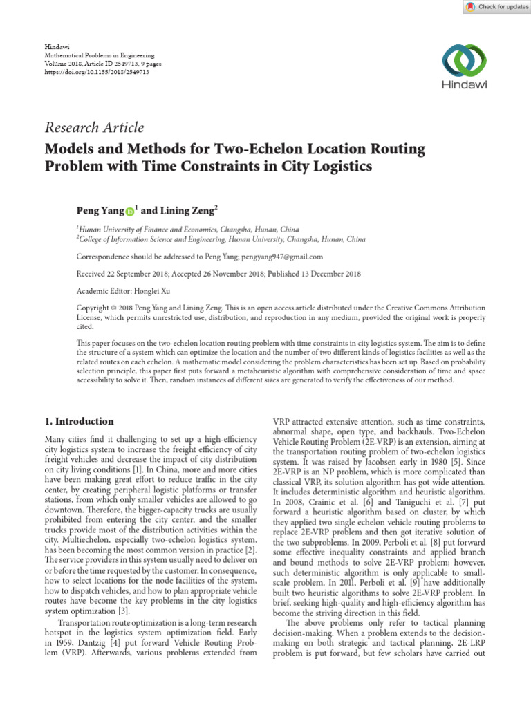 Mathematical Problems in Engineering - 2018 - Yang - Models and Methods For Two Echelon Location ...