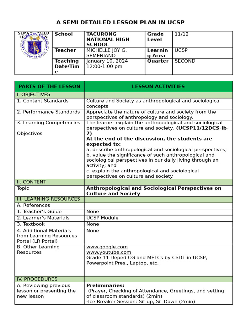 UCSP-DLP-MICHELLE | PDF | Lesson Plan | Teachers