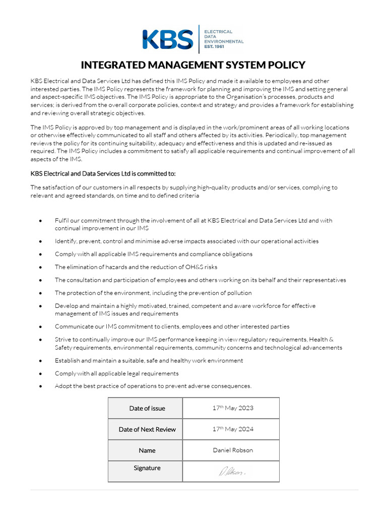 IMS Policy for KBS Electrical | PDF | Business