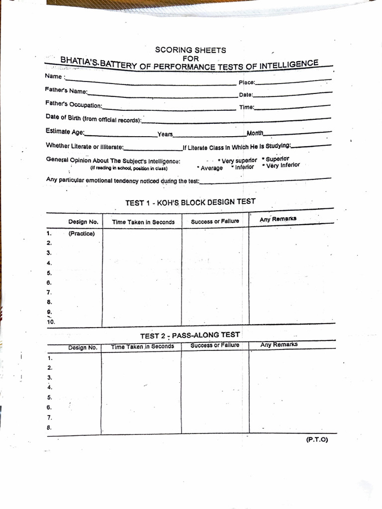 Bhatia’s Battery of Performance Tests of Intelligence | PDF