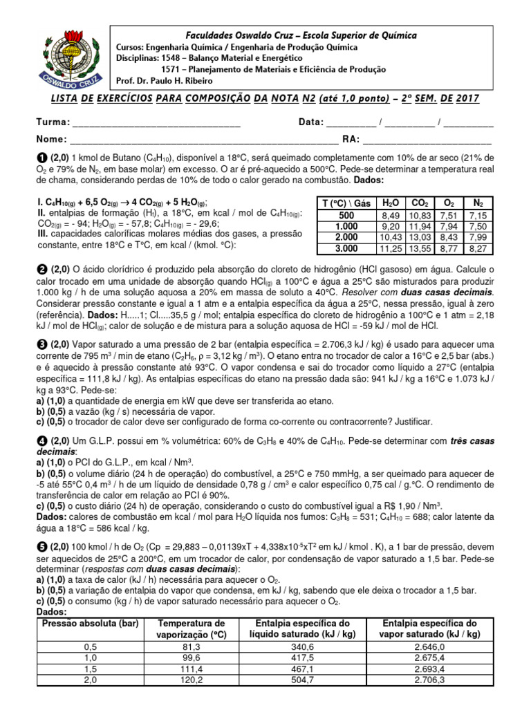 Lista de Exercícios Bme 2° Sem 2017 | PDF | Entalpia | Ácido clorídrico