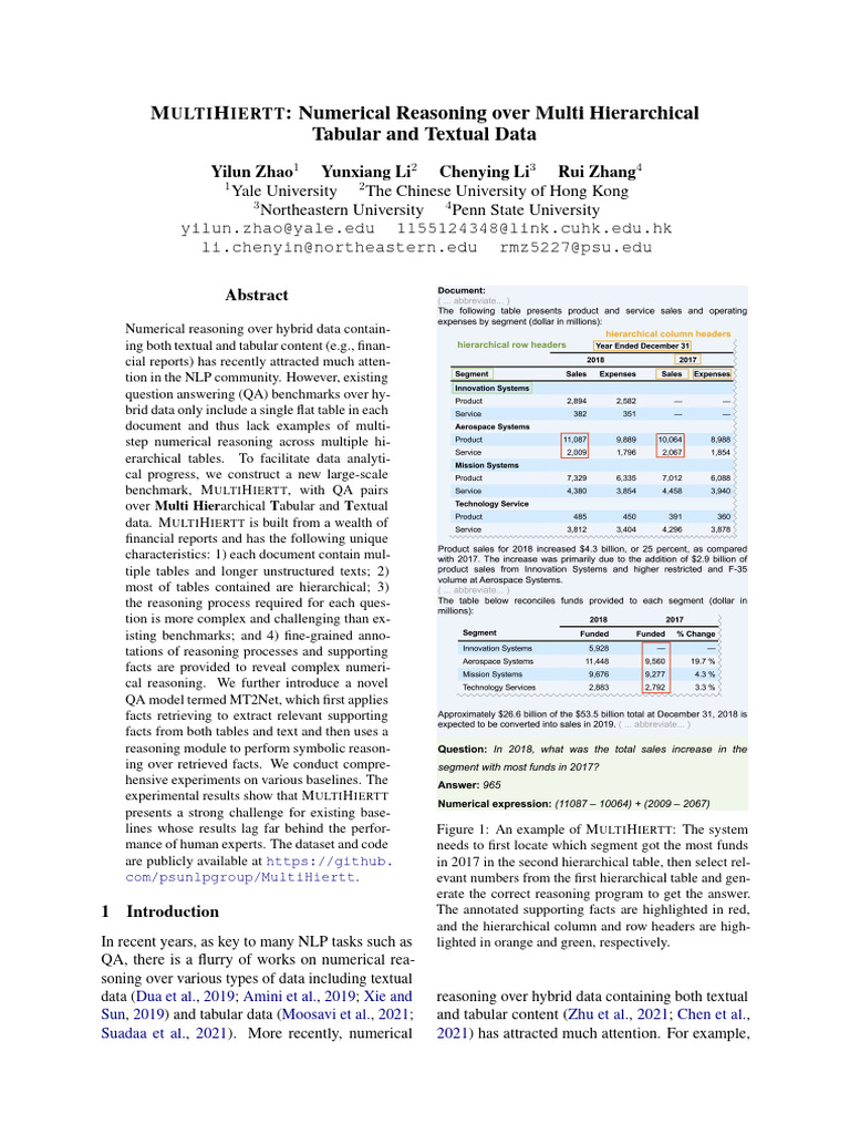 MultiHiertt: Numerical Reasoning over Multi Hierarchical Tabular and Textual Data | PDF ...