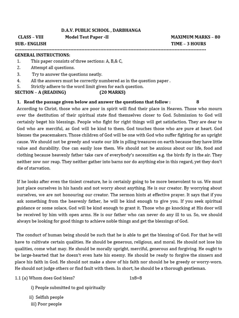 Class 8 English Model Test | PDF | God