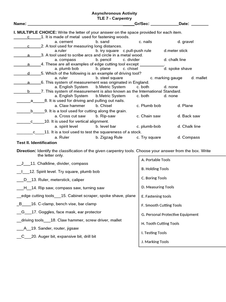 TLE Carpentry 7 Asynchronous Activity | PDF | Tools | Woodworking